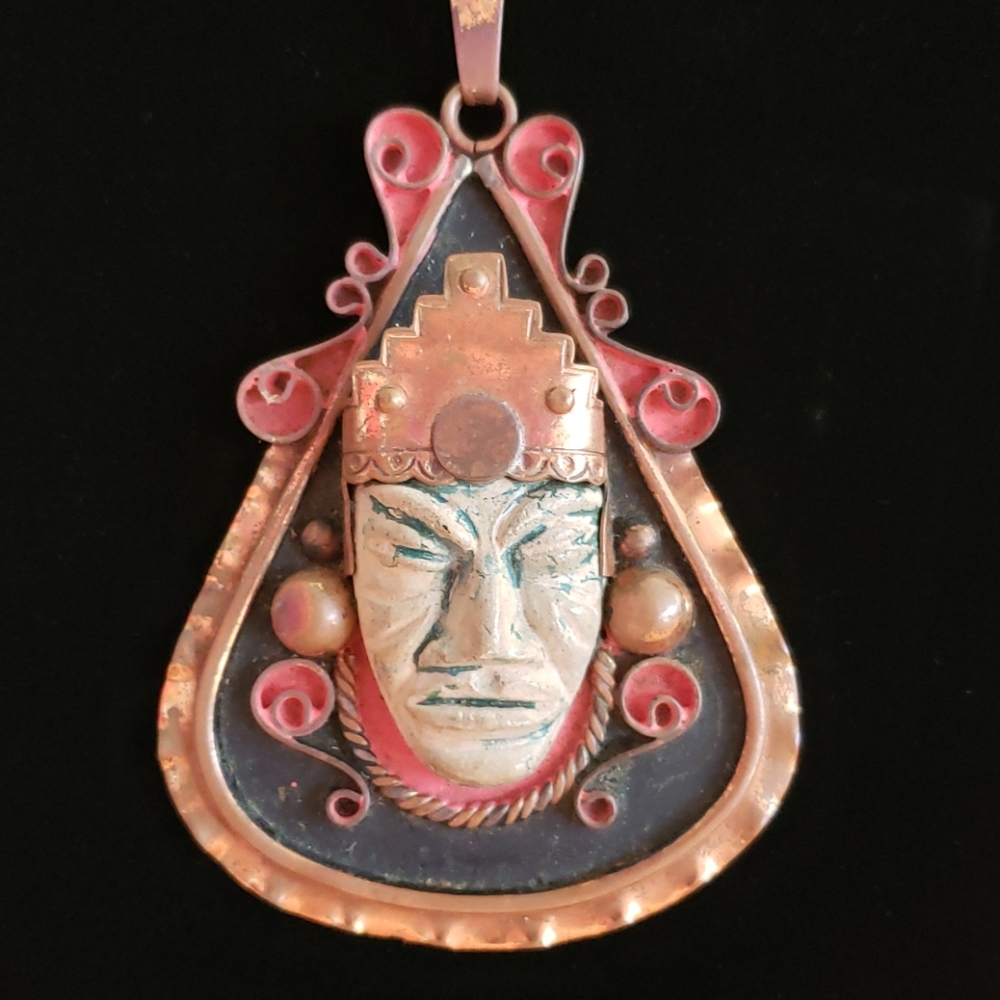 Vintage Mexican Aztec Mayan Tribal Face Copper - Gem